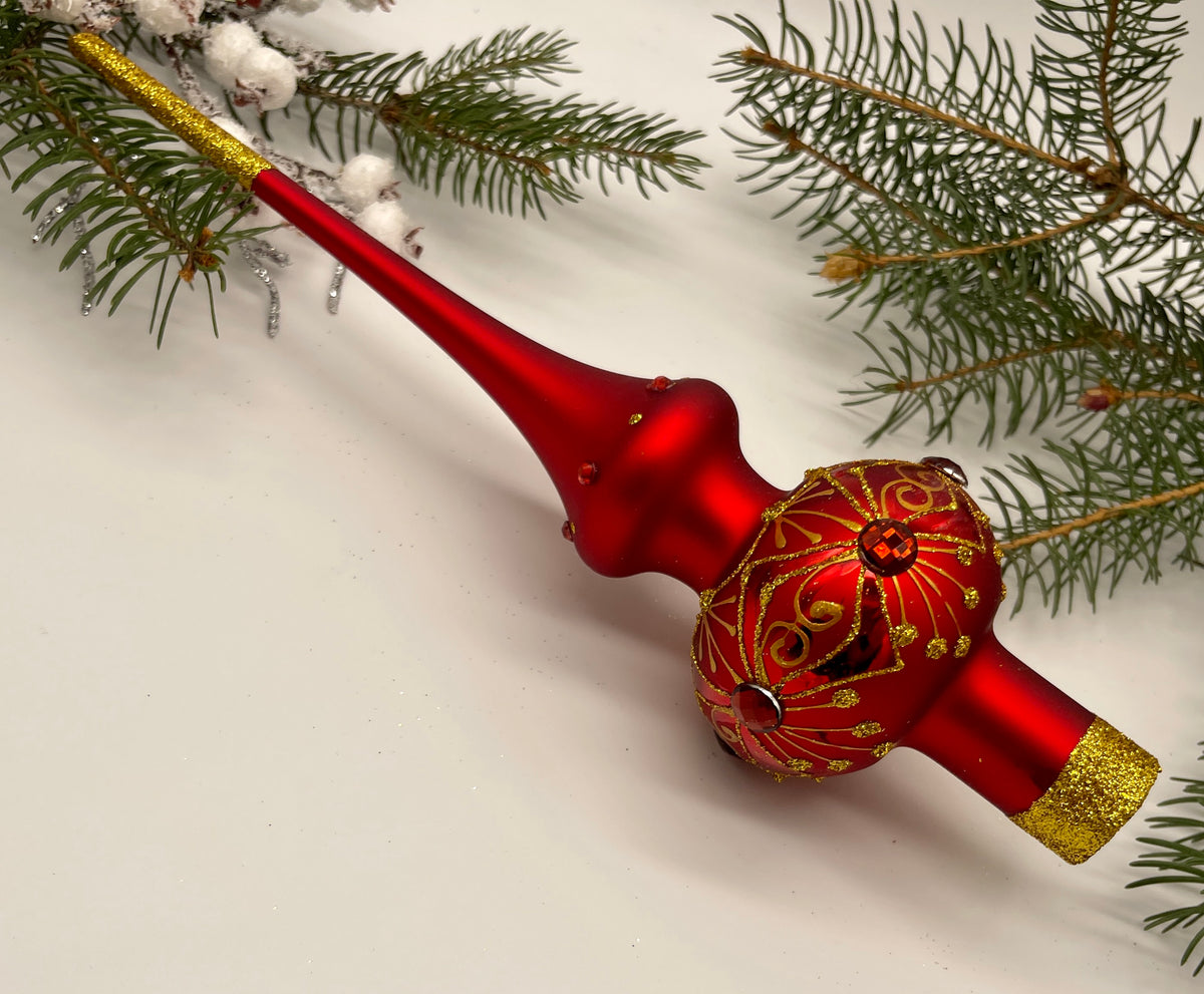 Red Christmas glass tree topper with gold glitter, Christmas finial ...