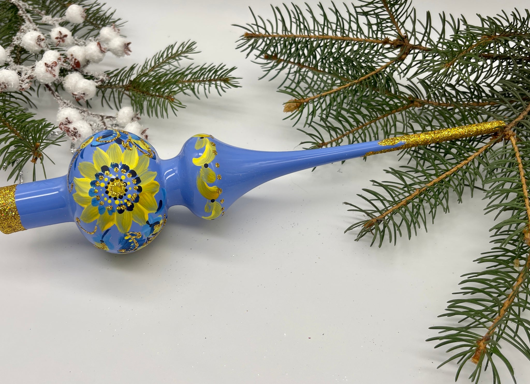 Blue XMAS glass tree topper with yellow sunflowers and gold glitter ...