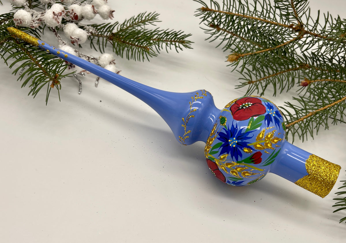 Blue Christmas glass tree topper with red poppies and gold glitter ...