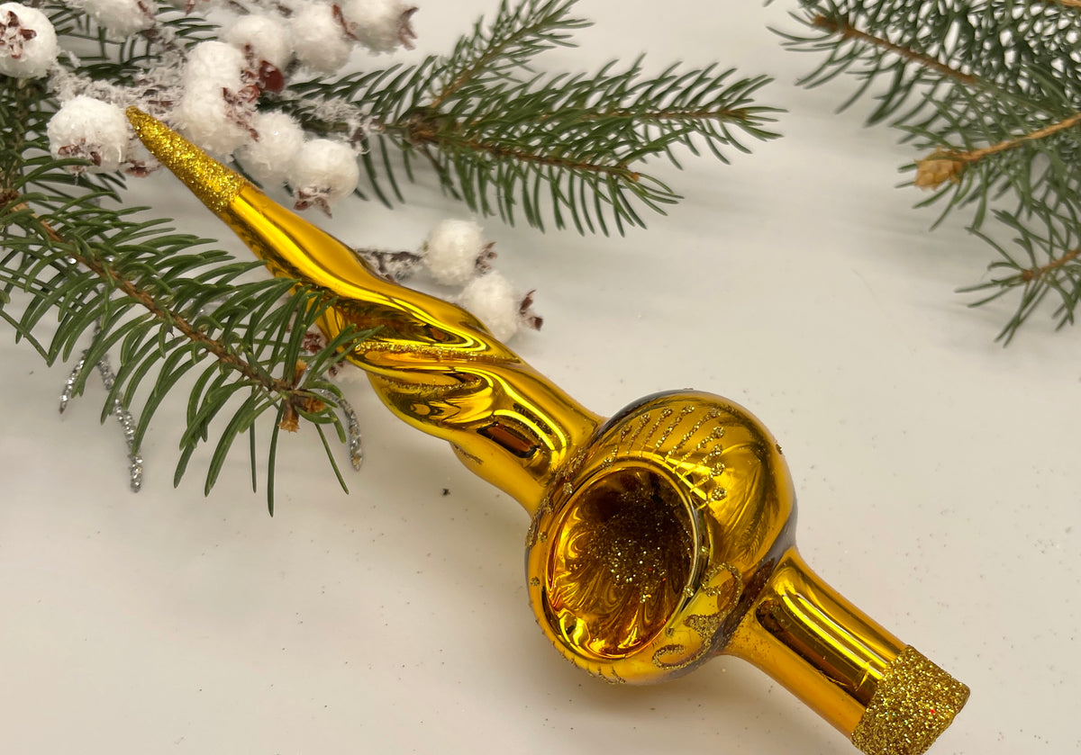 Small gold Christmas glass tree topper with gold glitter, XMAS finial ...