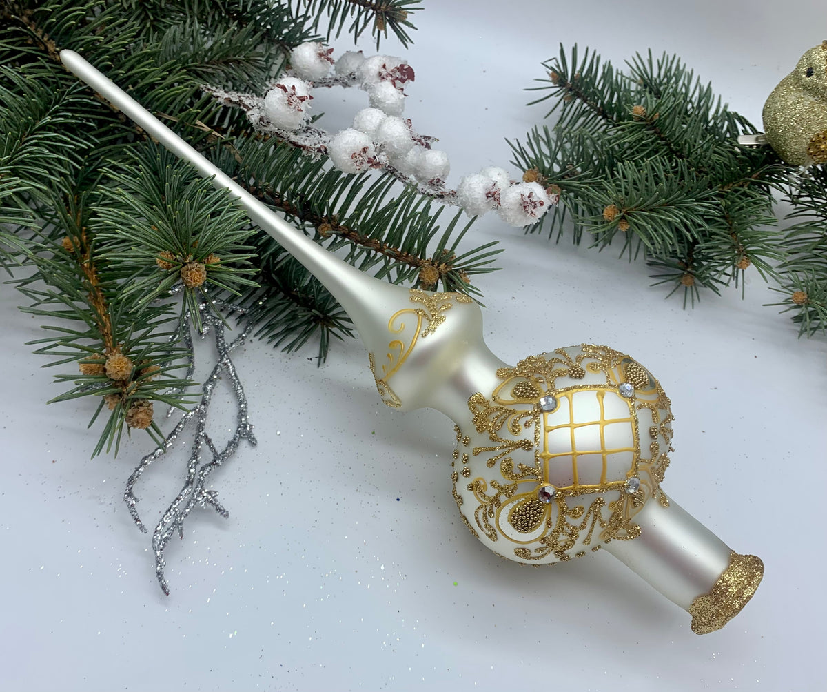 White and gold Christmas glass tree topper with glitter,Christmas ...