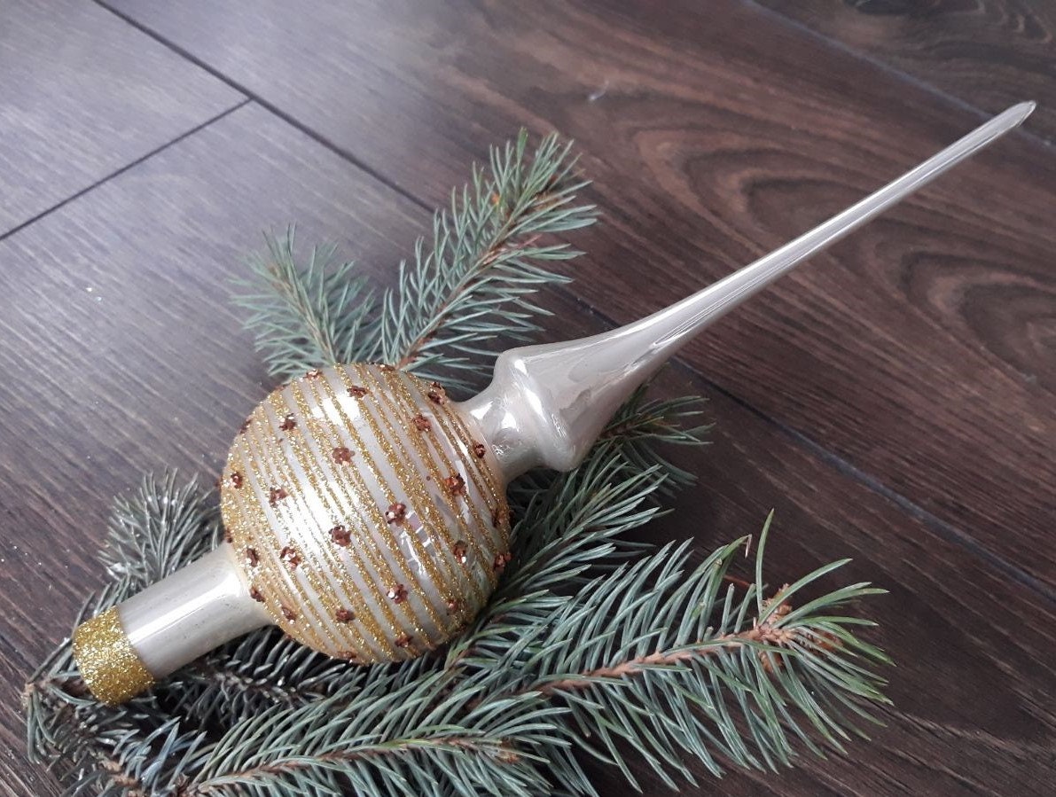 Pearl Christmas glass tree topper with gold glitter, vintage XMAS top ...