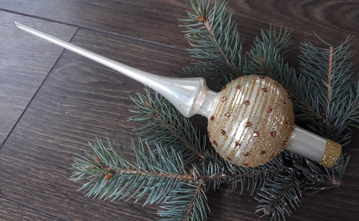 Pearl Christmas glass tree topper with gold glitter, vintage XMAS top ...