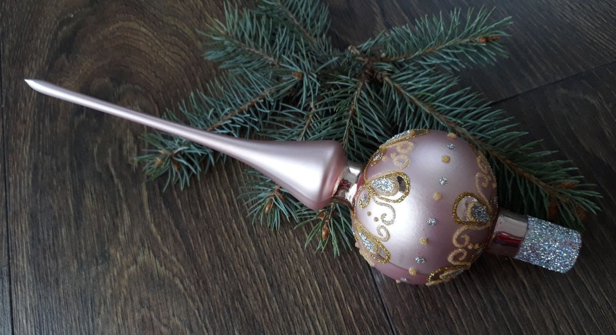 Pink with gold and silver Christmas glass tree topper, vintage finial ...