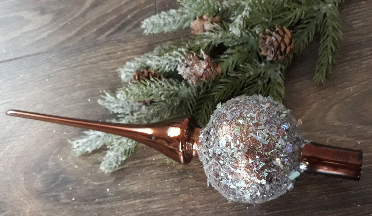Brone Christmas glass tree topper with glitter, handmade XMAS finial ...