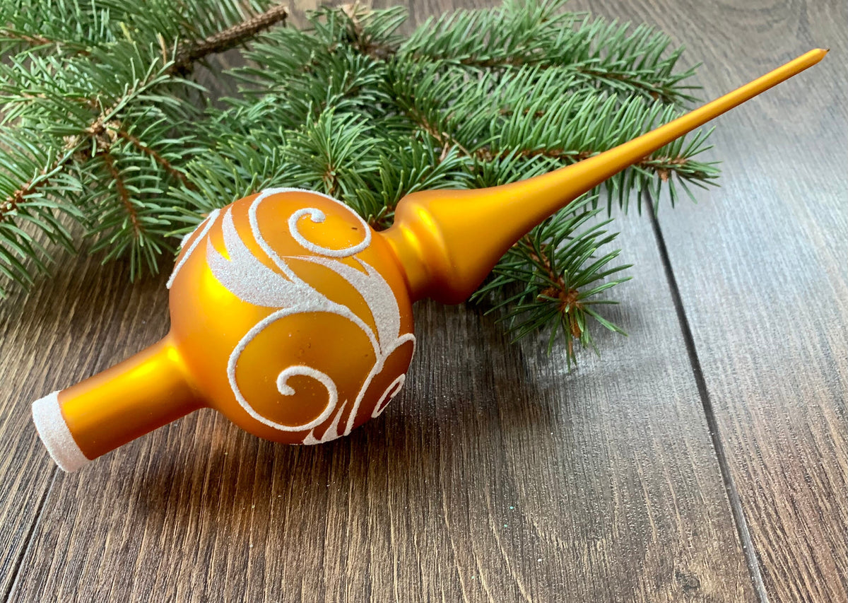 Gold Christmas glass tree topper with white hand painted patton ...