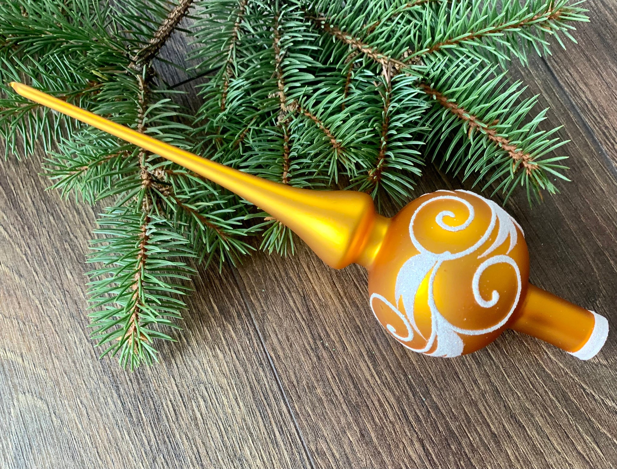 Gold Christmas glass tree topper with white hand painted patton ...