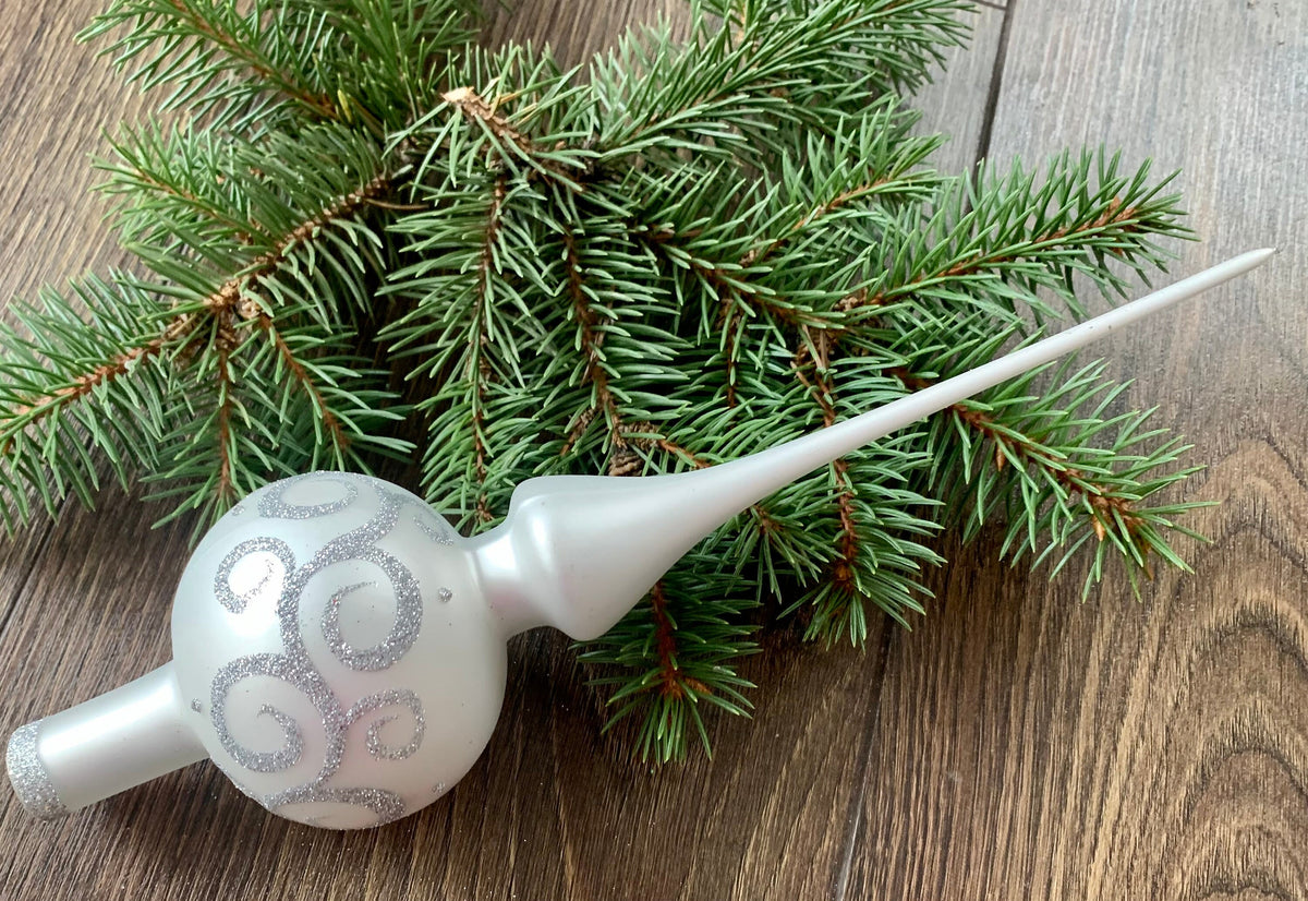 White matt Christmas glass tree topper with siver patton, vintage top ...
