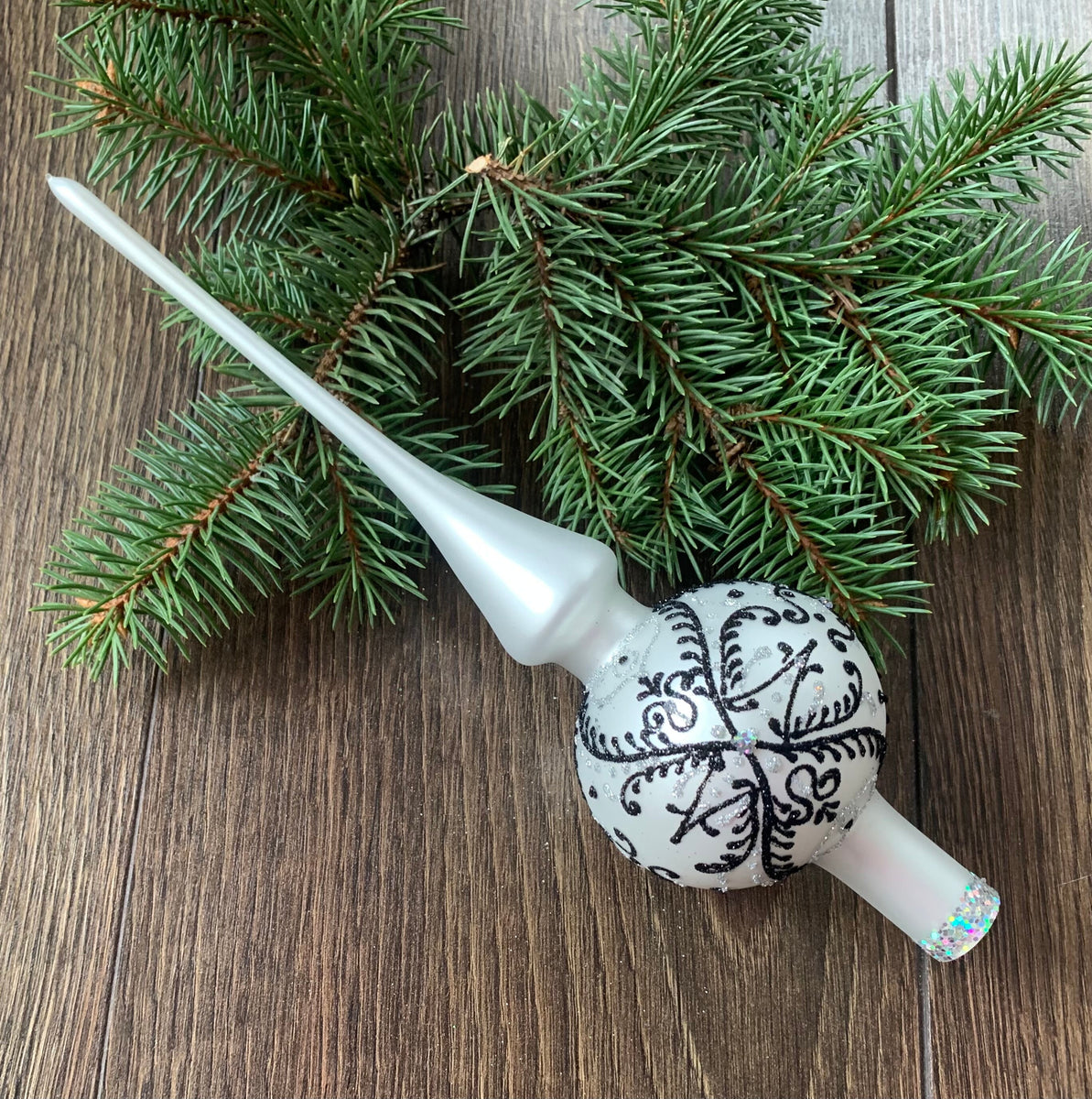 White and black Christmas glass tree topper. vintage XMA finial ...