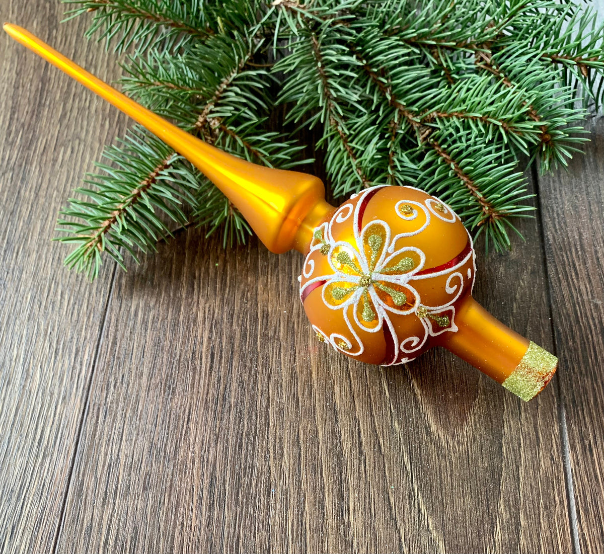 Gold Christmas glass tree topper with hand painted patton, vintage top ...
