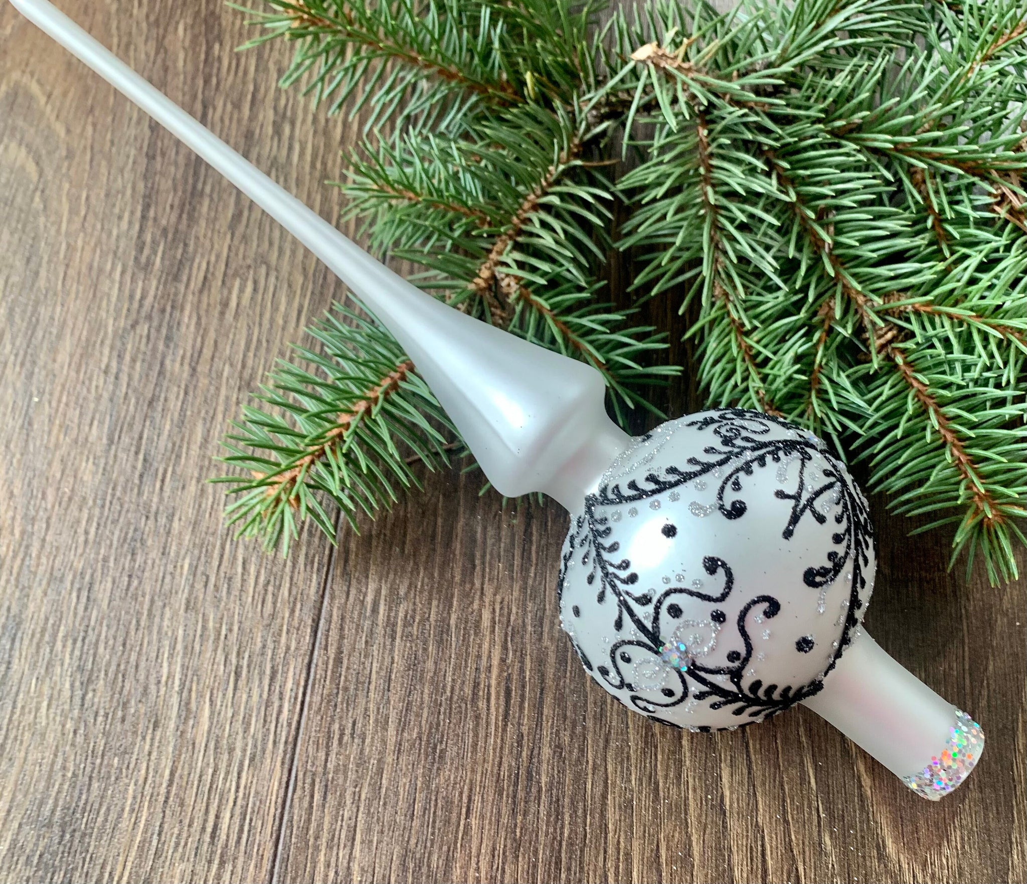White and black Christmas glass tree topper. vintage XMA finial ...