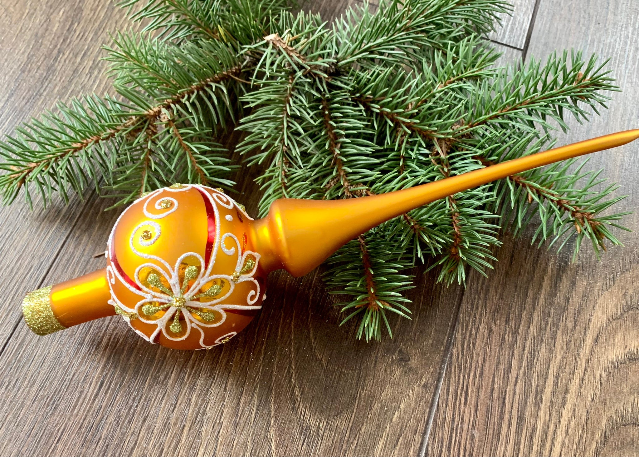 Gold Christmas glass tree topper with hand painted patton, vintage top ...
