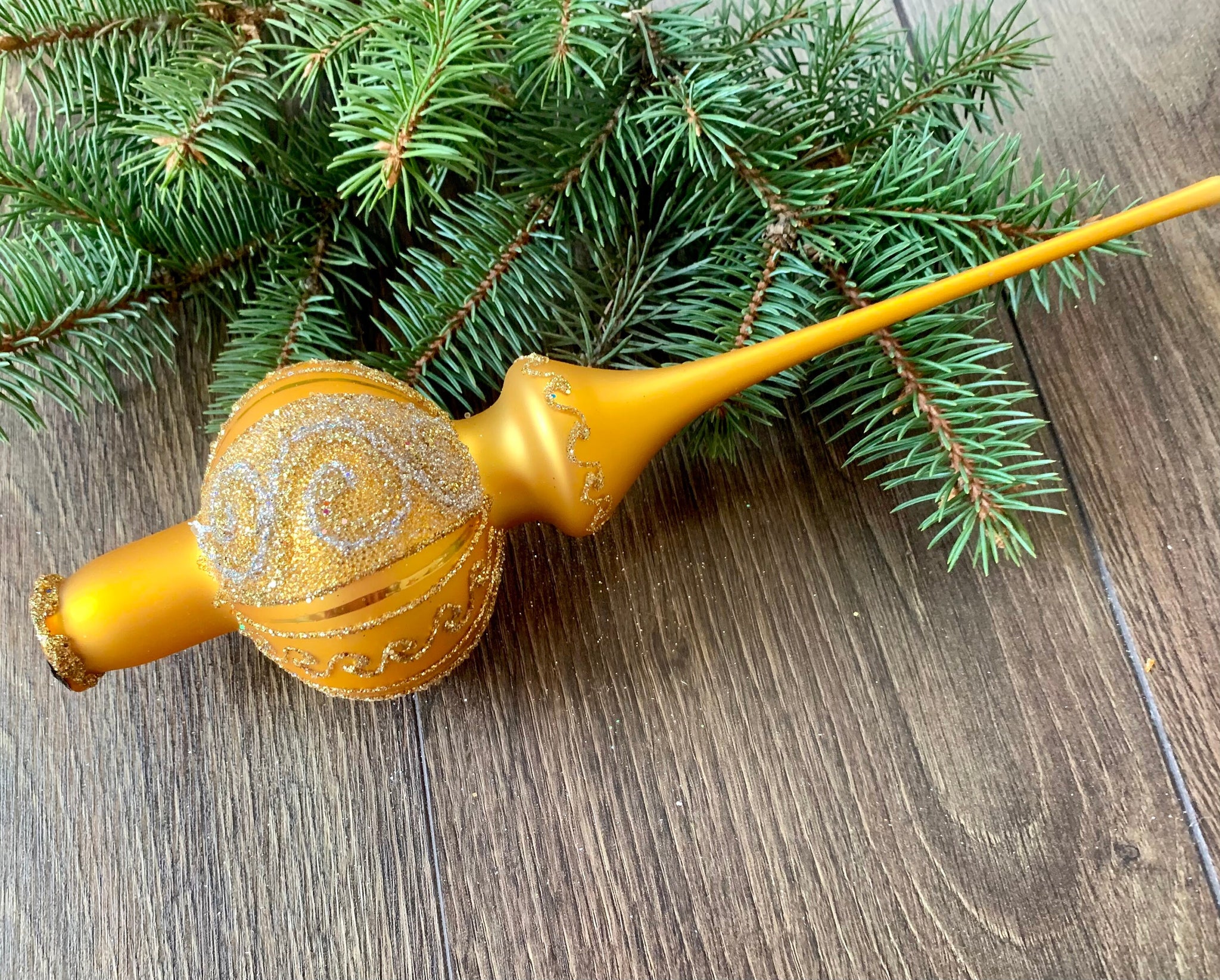 Big gold Christmas glass tree topper with silver glitter, vintage top ...