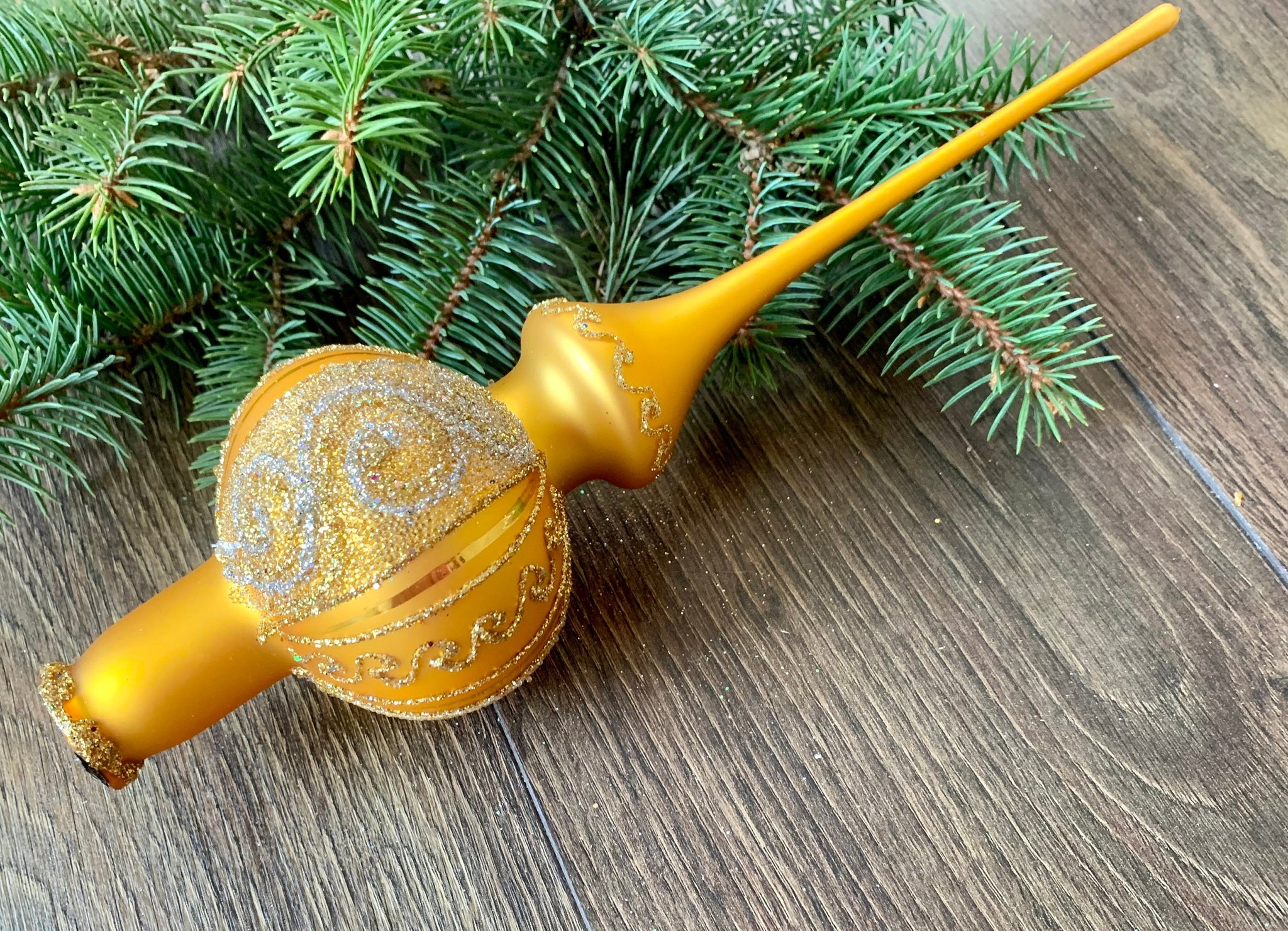 Big gold Christmas glass tree topper with silver glitter, vintage top ...