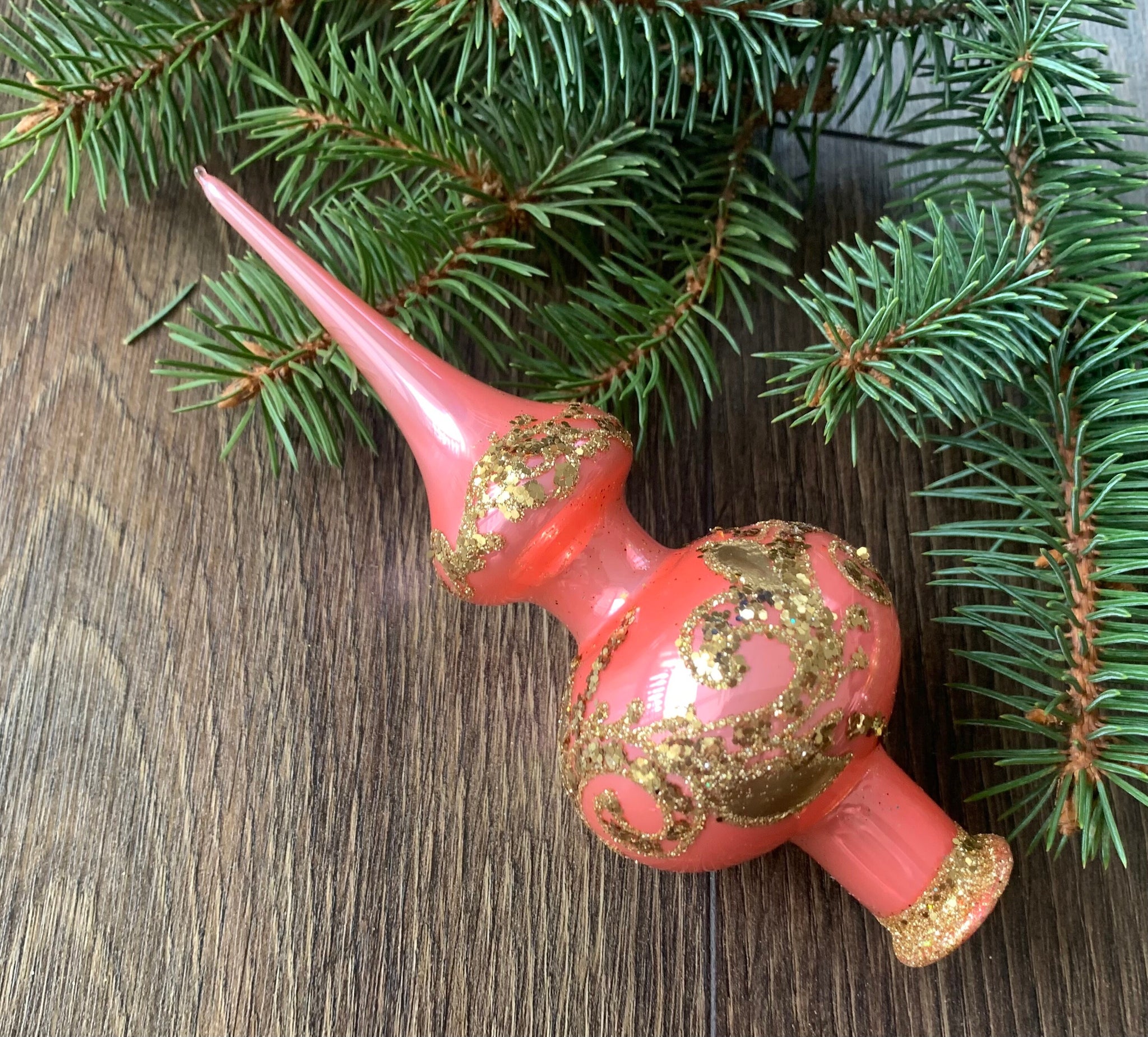 Little peach Christmas glass tree topper, vintage Christmas finial ...