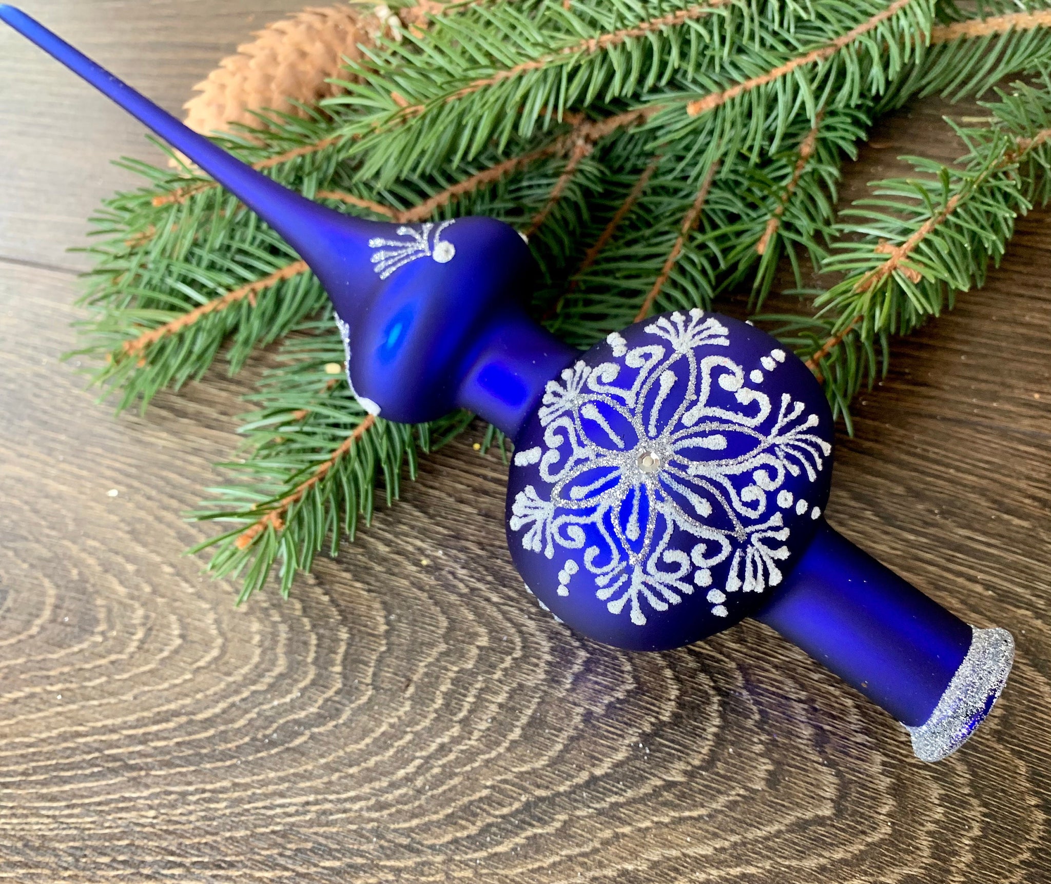 Blue Christmas glass tree topper with snoflake, vintage XMAS finial ...