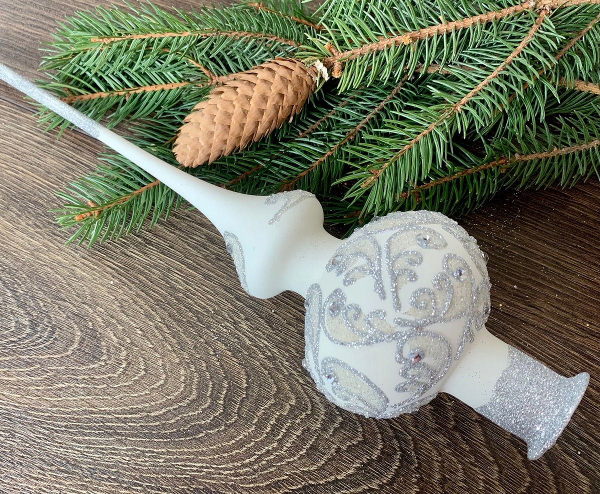 White matt Christmas tree topper with silver hand-painted patton ...