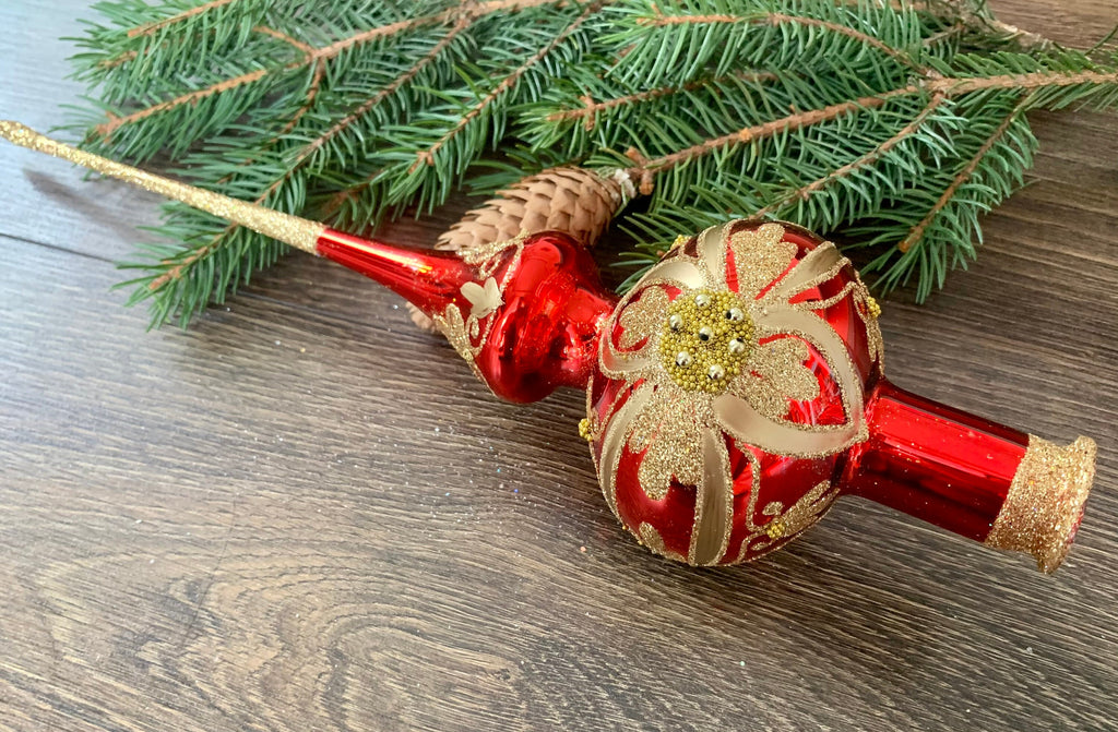 Big Red Bejeweled Roses on Golden Glass Christmas tree topper ...