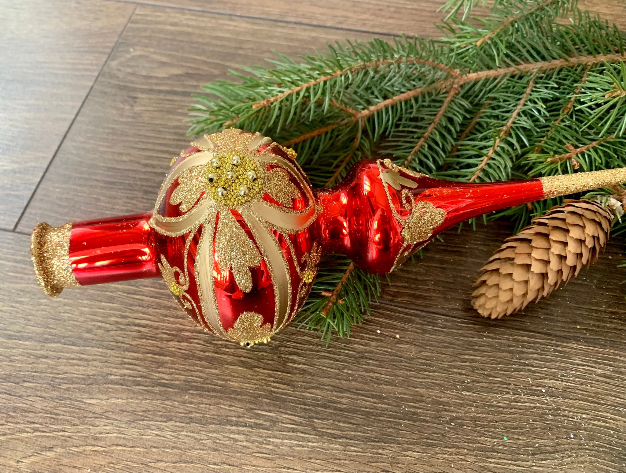 Big Red Bejeweled Roses on Golden Glass Christmas tree topper ...