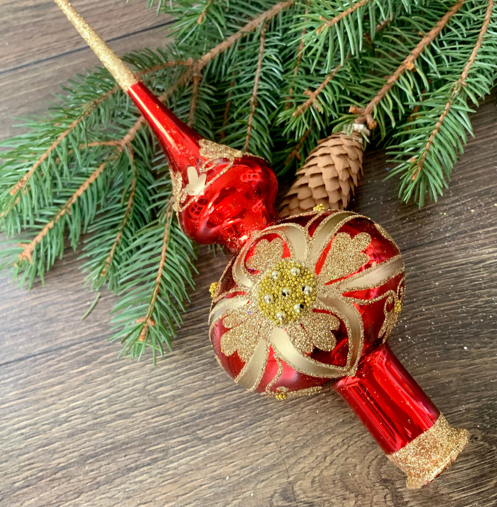 Big Red Bejeweled Roses on Golden Glass Christmas tree topper ...