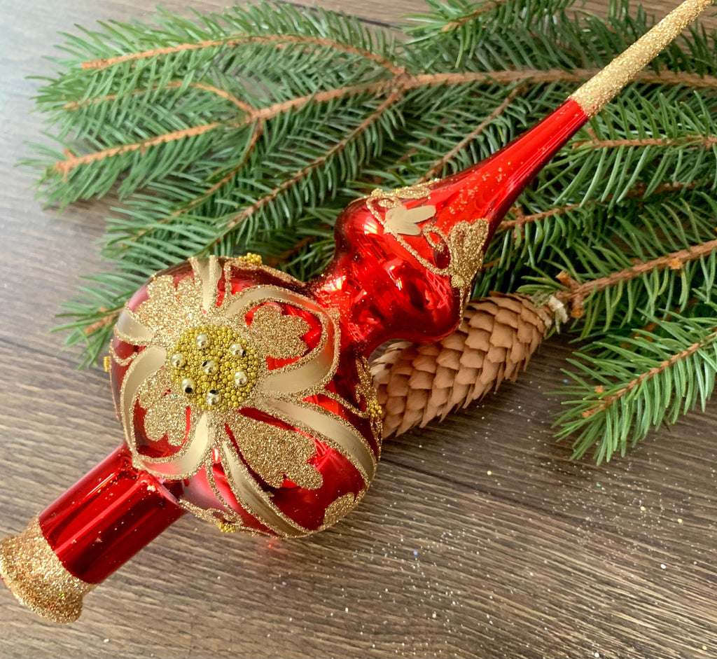 Big Red Bejeweled Roses on Golden Glass Christmas tree topper ...