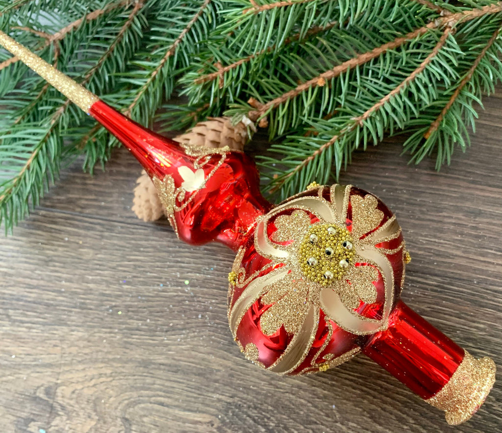 Big Red Bejeweled Roses on Golden Glass Christmas tree topper ...