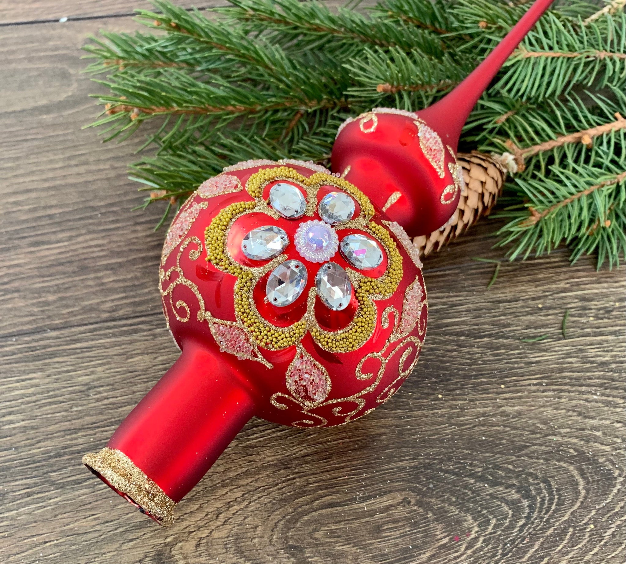 Big Red Glass Christmas Tree Topper with gold glitter, XMAS tree top ...