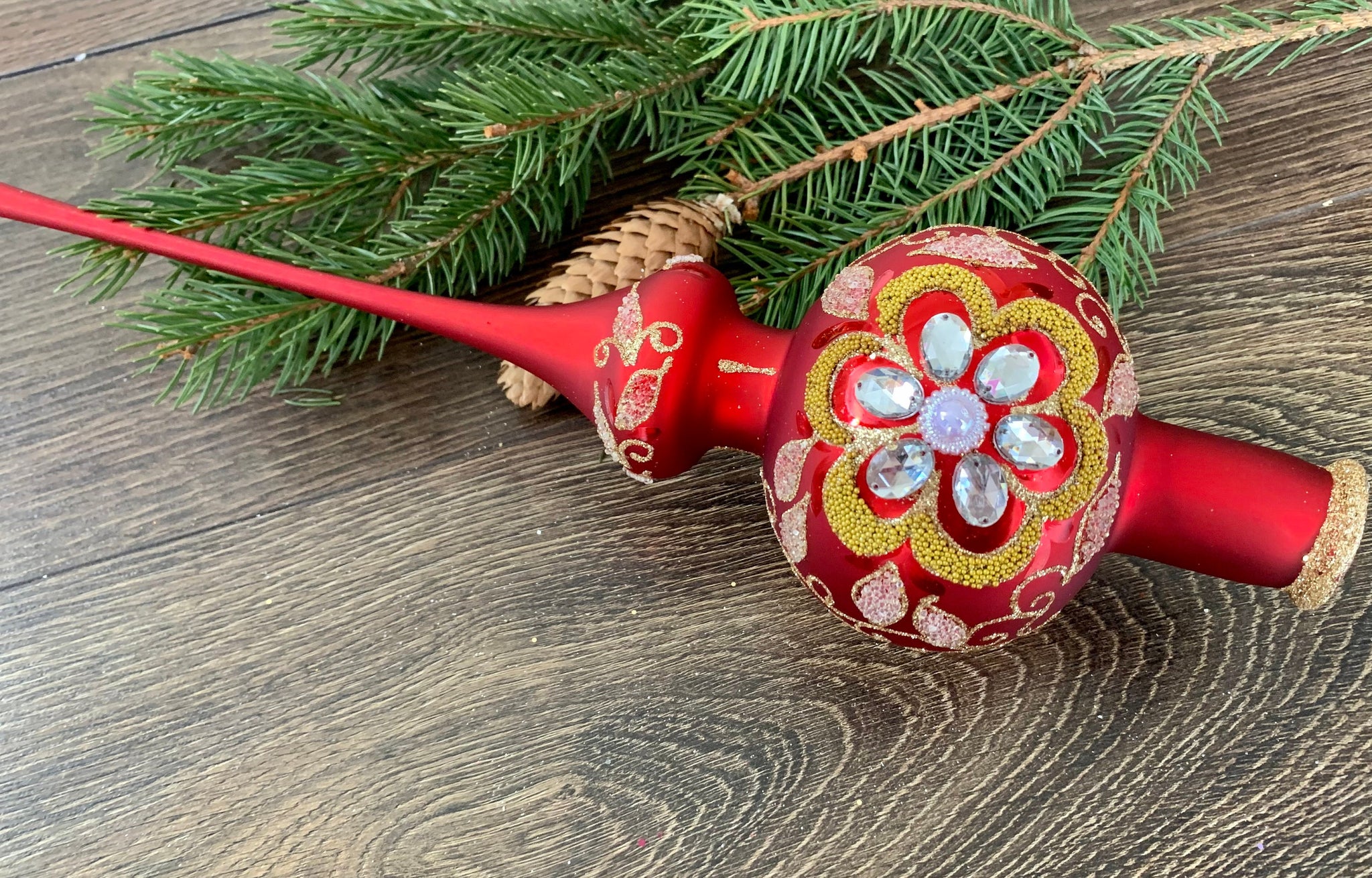 Big Red Glass Christmas Tree Topper with gold glitter, XMAS tree top ...