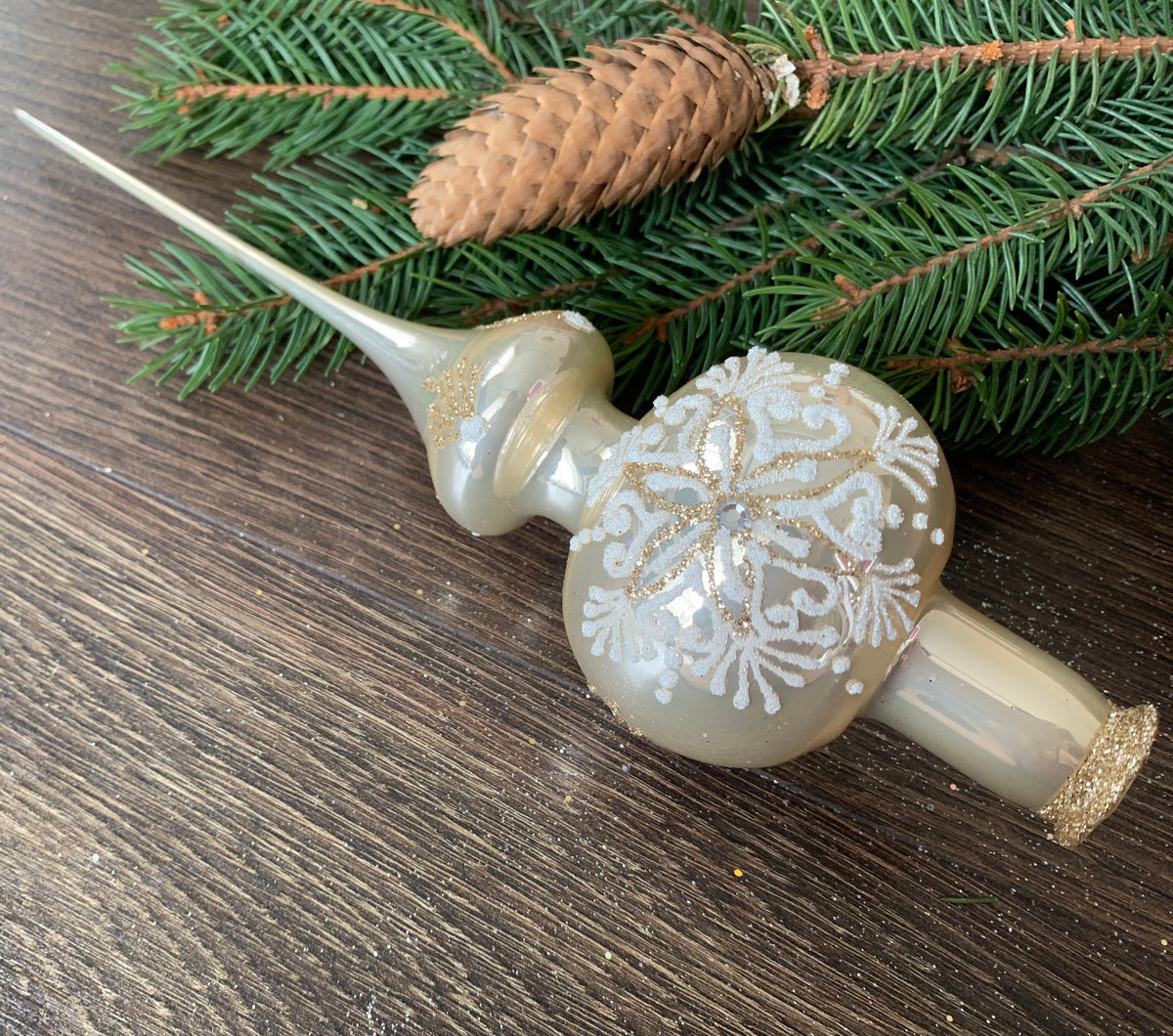 Pearl Christmas glass tree topper with snowflake, handmade finail ...