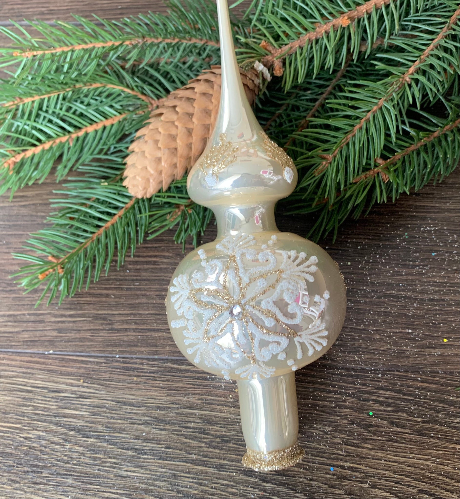 Pearl Christmas glass tree topper with snowflake, handmade finail ...