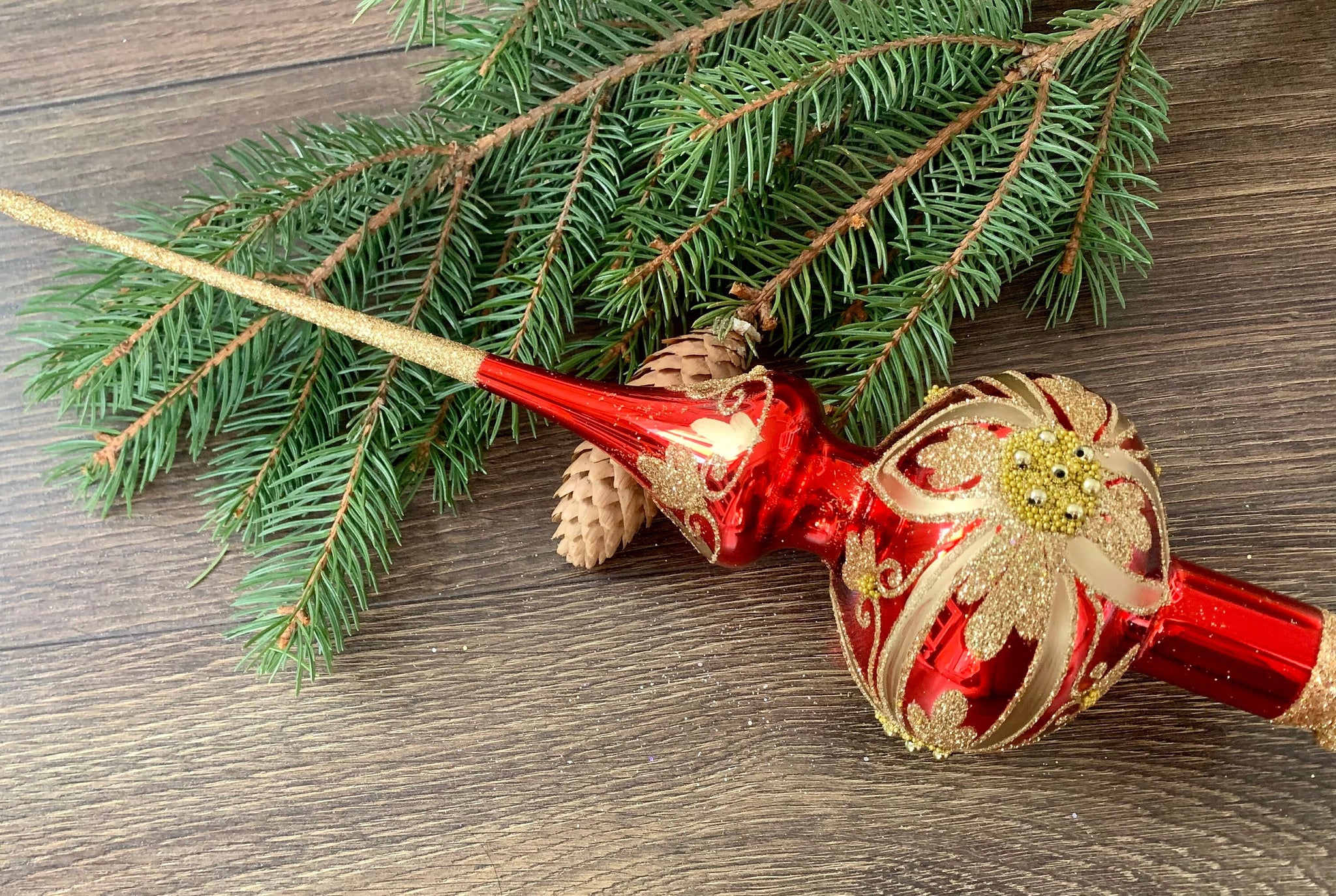 Big Red Bejeweled Roses on Golden Glass Christmas tree topper ...